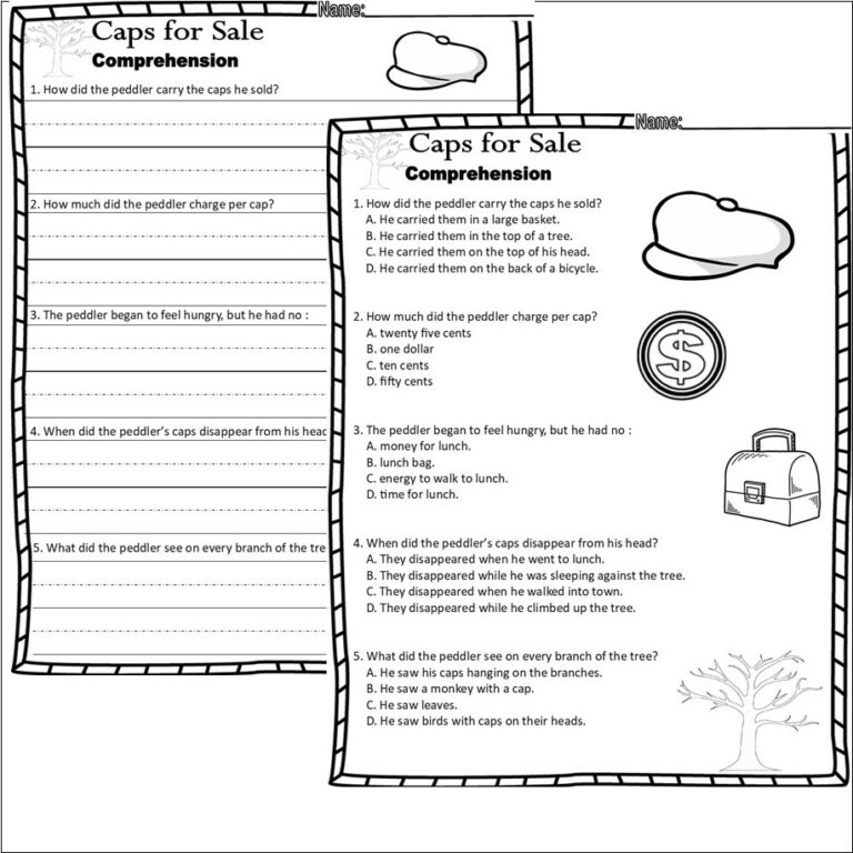 Caps for Sale Book Companion Reading Comprehension Worksheets | Made By ...