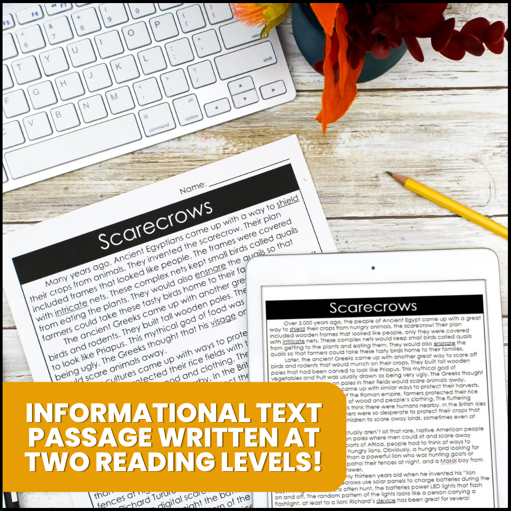 Fall Scarecrow Differentiated Reading Comprehension Passage and ...