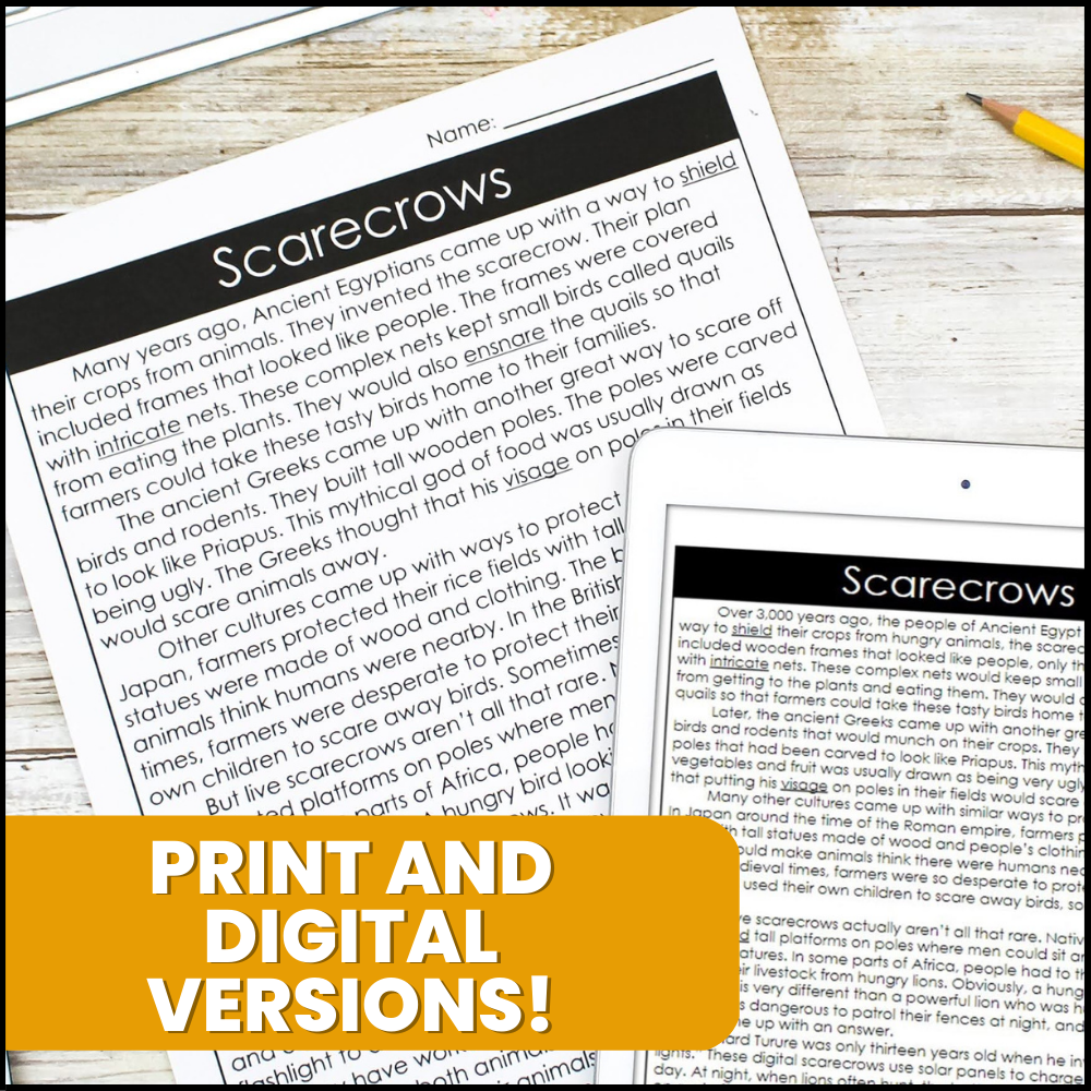 Fall Scarecrow Differentiated Reading Comprehension Passage and ...