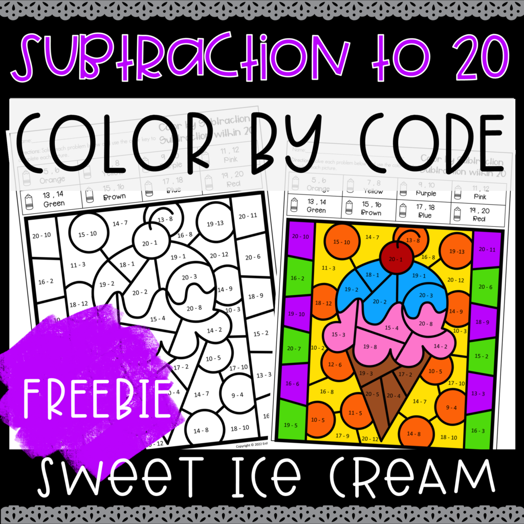 Sweet Ice Cream Summer Subtraction to 20 Color by Code FREEBIE | Made ...