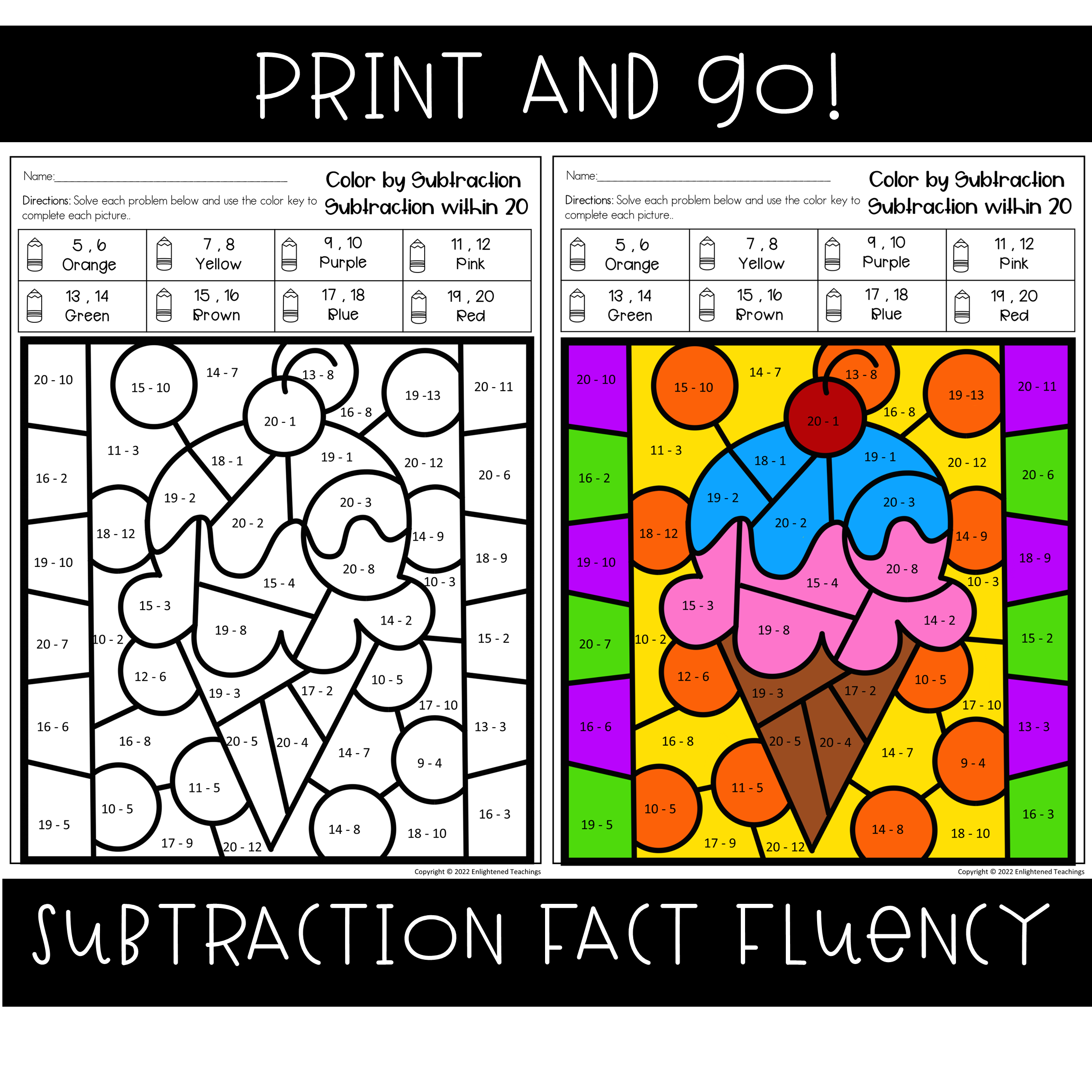 Sweet Ice Cream Summer Subtraction to 20 Color by Code FREEBIE | Made ...