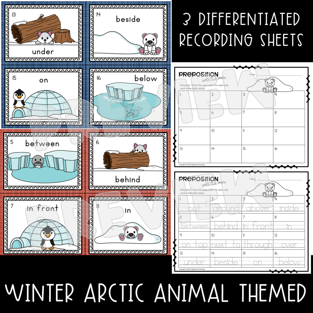 Winter Prepositions Write the Room Task Cards Winter Positional Words ...