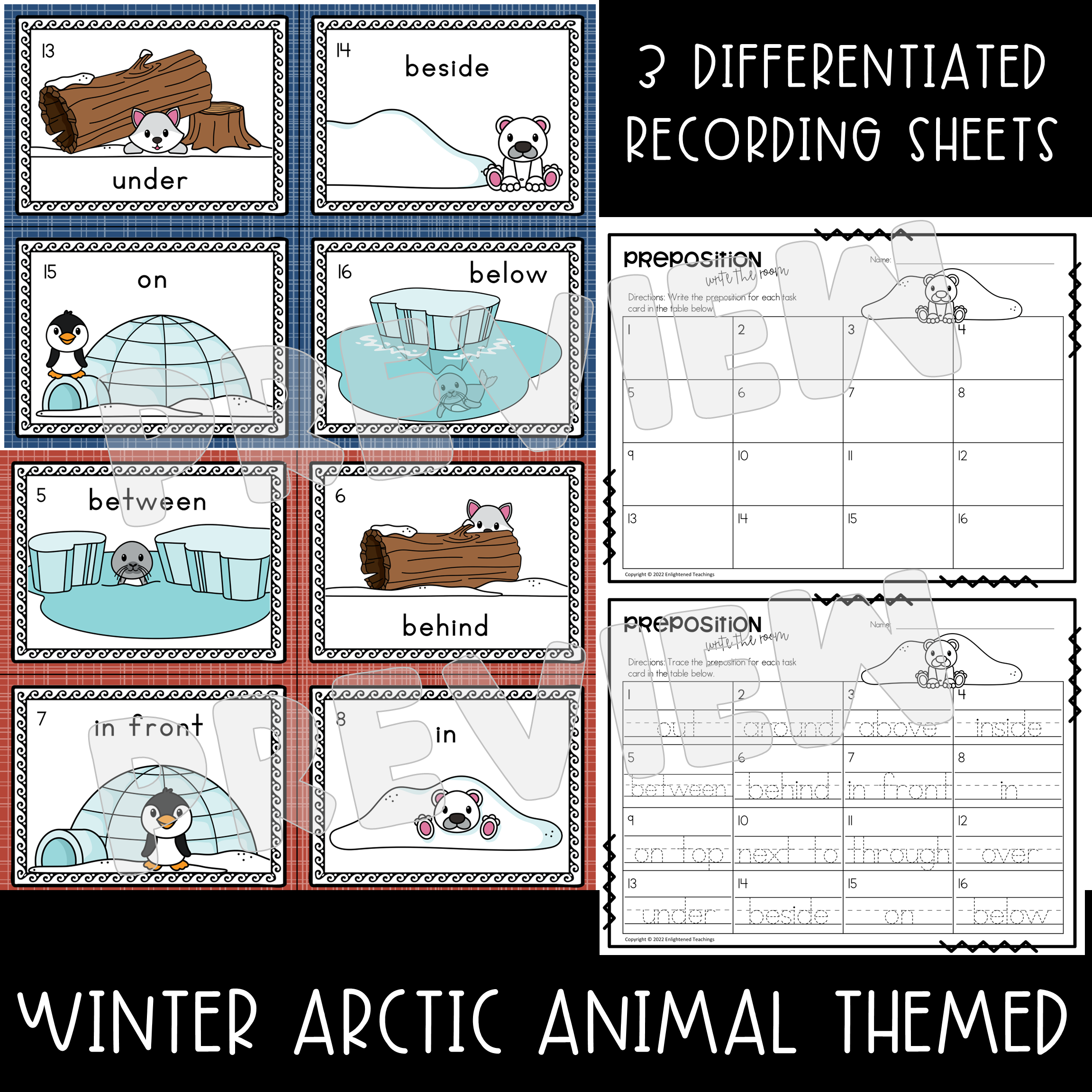 Winter Prepositions Write the Room Task Cards Winter Positional Words ...
