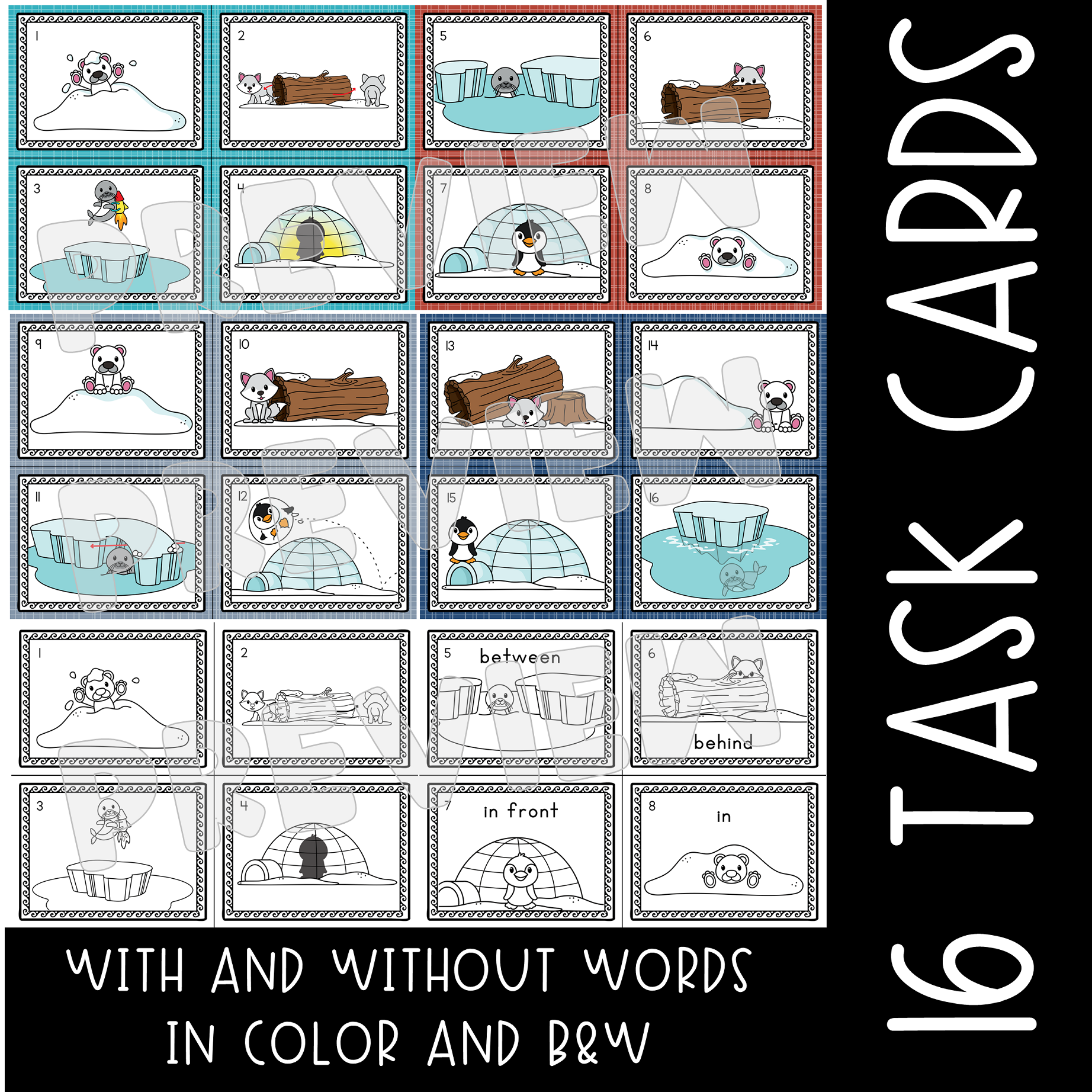 Winter Prepositions Write the Room Task Cards Winter Positional Words ...