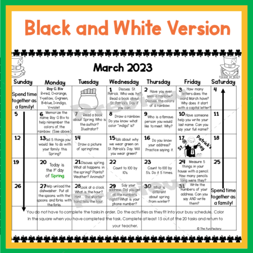 FREE PK and Kindergarten Homework Calendar March Homework Calendar ...