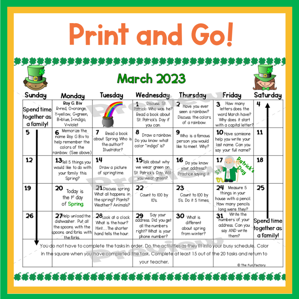 FREE PK and Kindergarten Homework Calendar March Homework Calendar ...