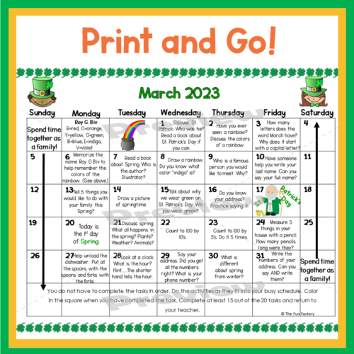 FREE PK and Kindergarten Homework Calendar March Homework Calendar ...
