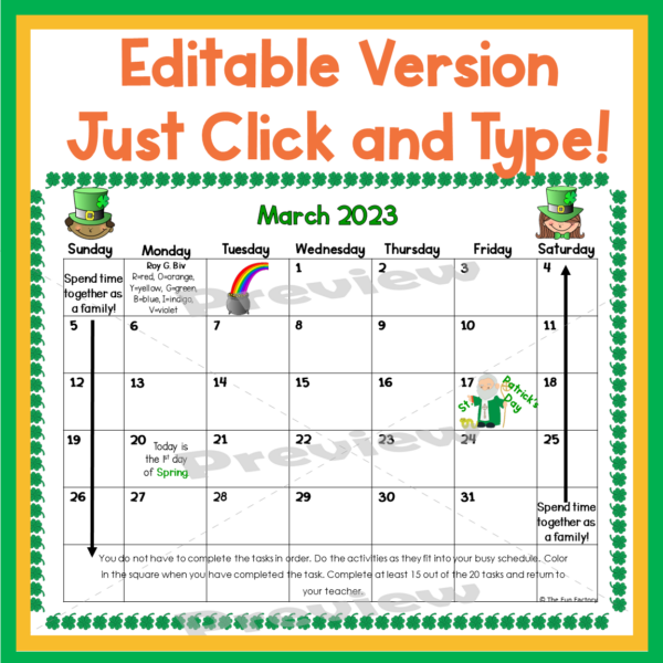 FREE PK and Kindergarten Homework Calendar March Homework Calendar ...