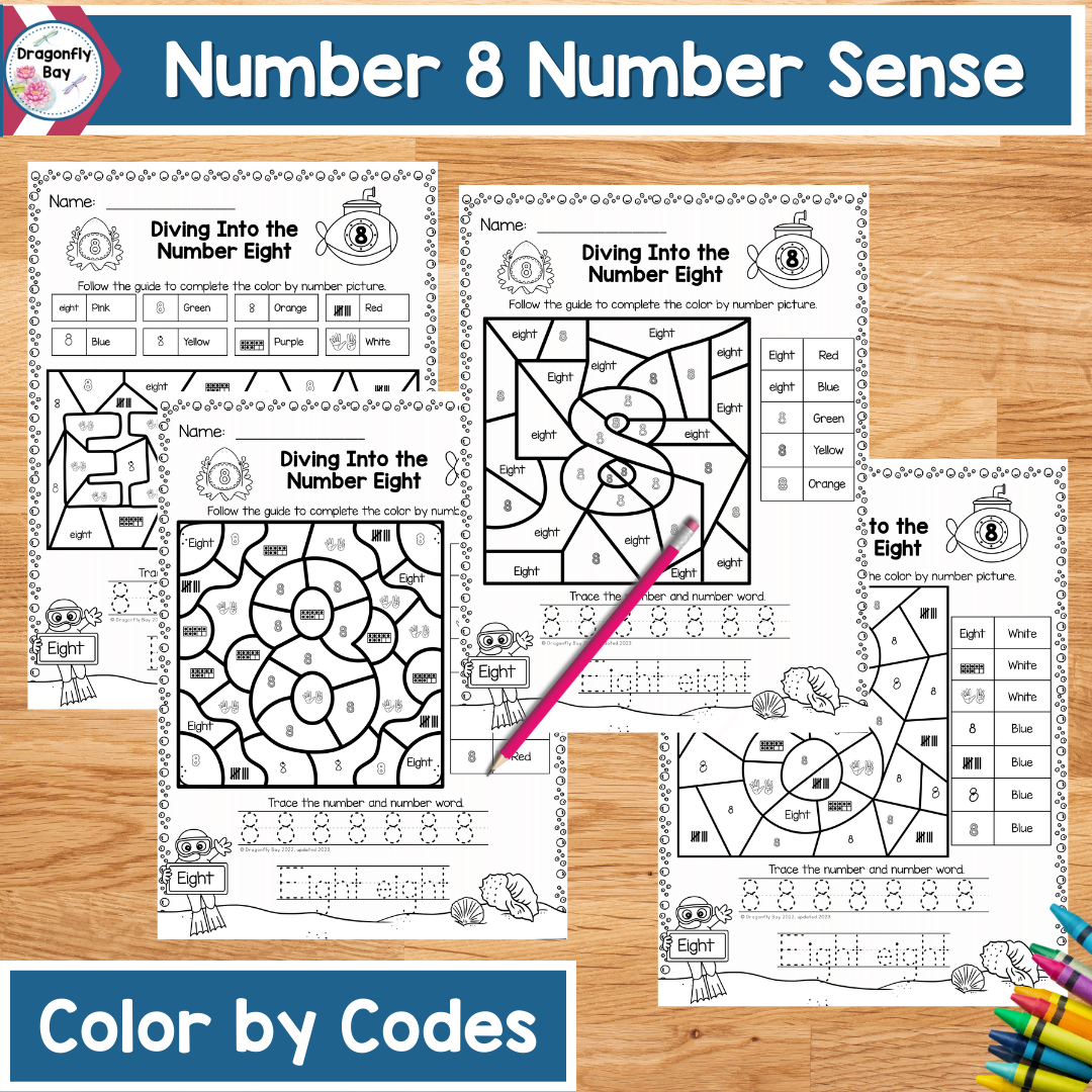 Number 8 Number Sense Worksheets Color by Codes and Center Activities ...