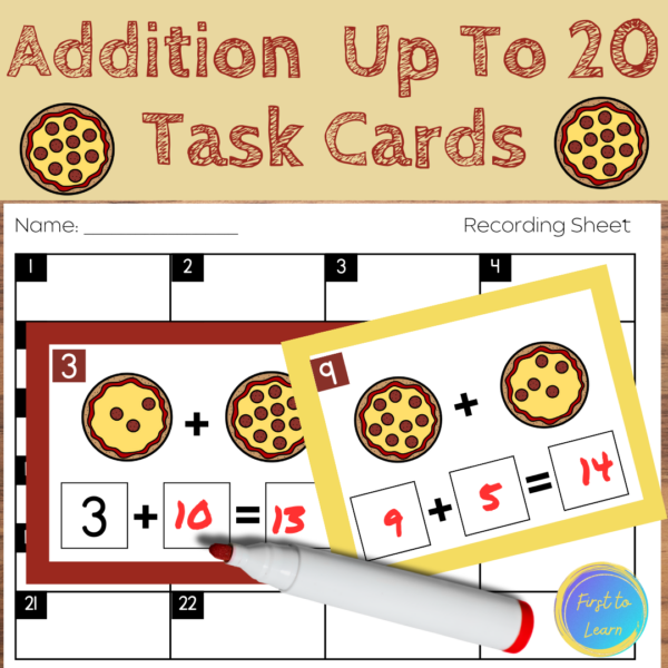 Addition Task Cards Up to 20 First Grade Pizza Theme | Made By Teachers