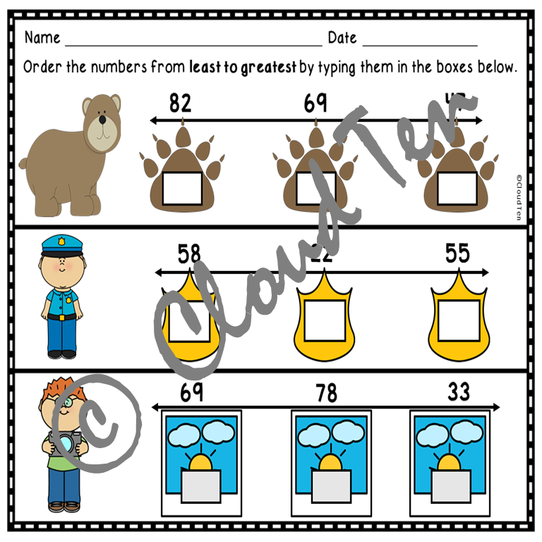Order numbers in an open number line worksheets in Google Slides ...