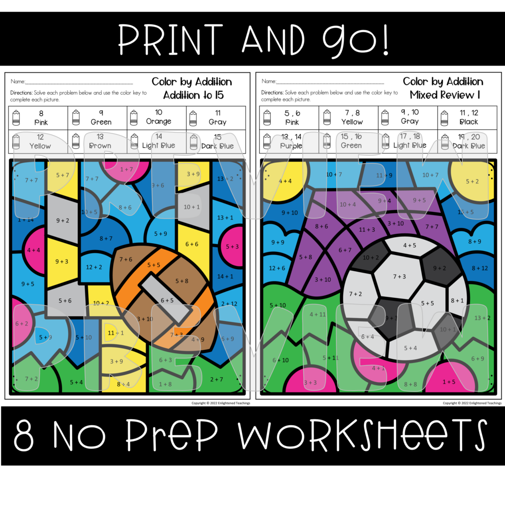 Sports Addition to 20 Color by Code Number NO PREP Coloring Worksheets ...