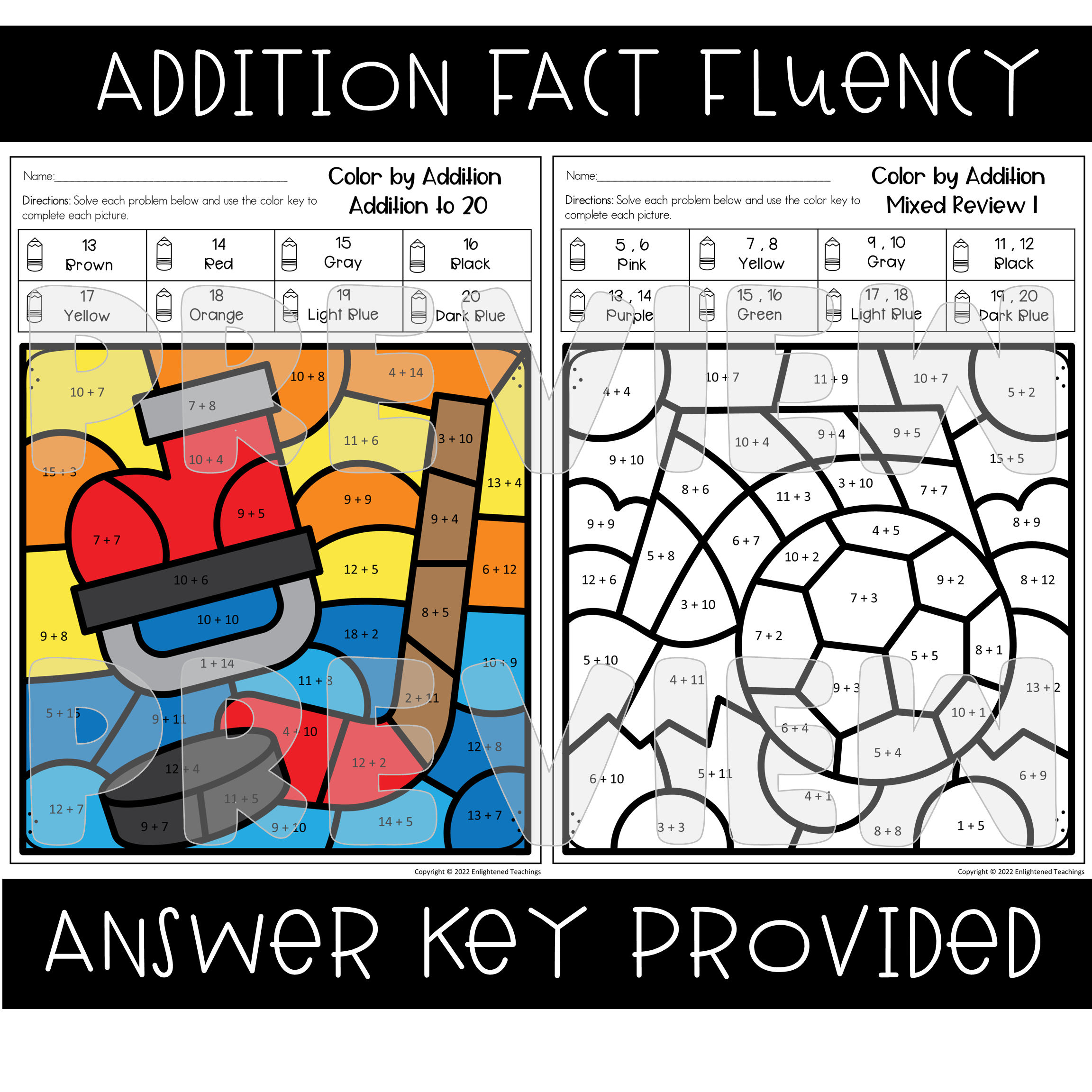 Sports Addition to 20 Color by Code Number NO PREP Coloring Worksheets ...