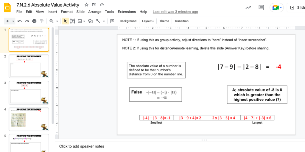 7.N.2.6 Absolute Value Activity | Made By Teachers