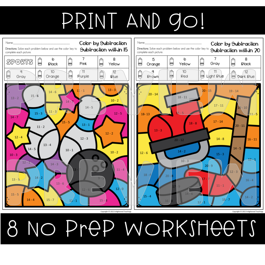 Sports Subtraction to 20 Color by Code Number NO PREP Coloring ...