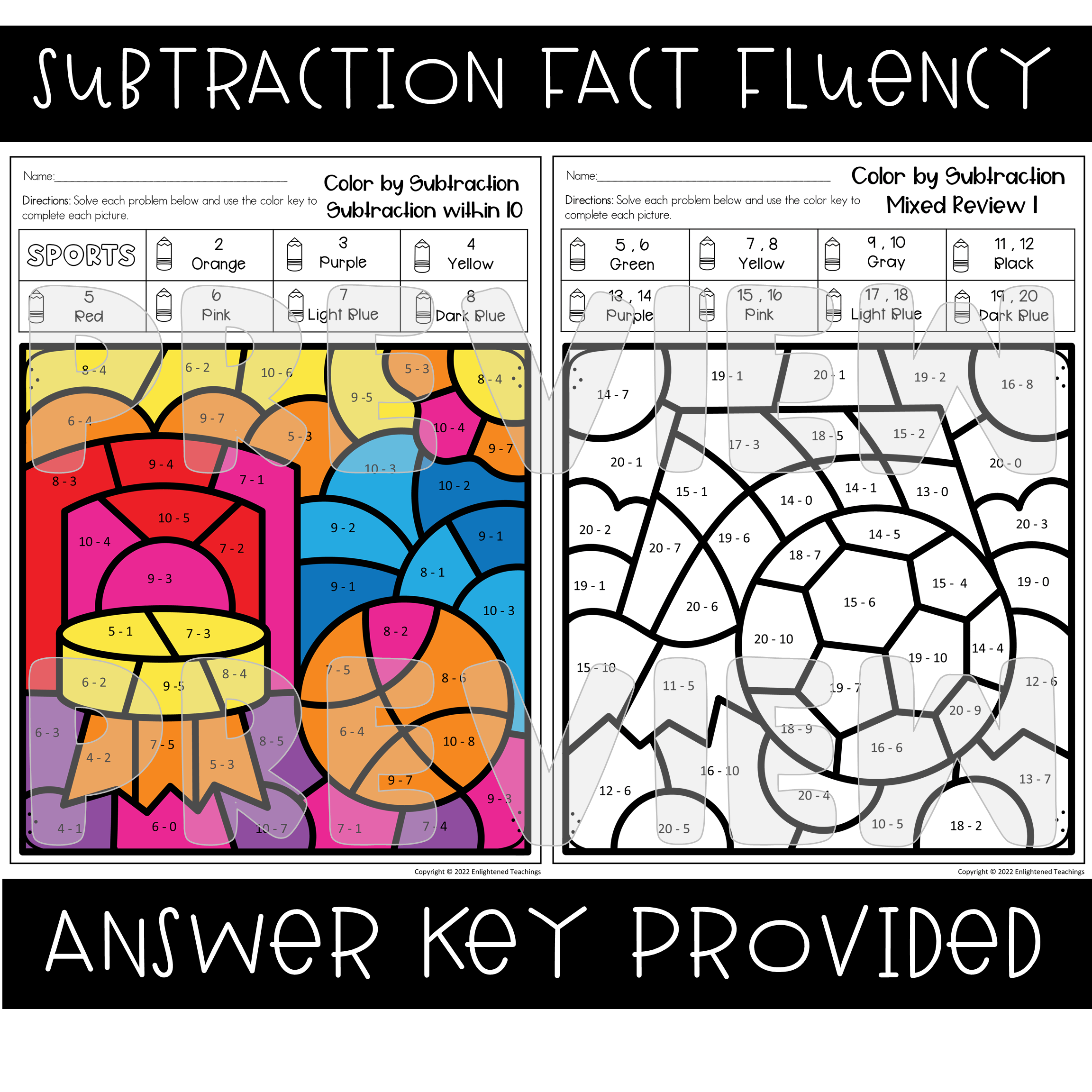 Sports Subtraction to 20 Color by Code Number NO PREP Coloring ...