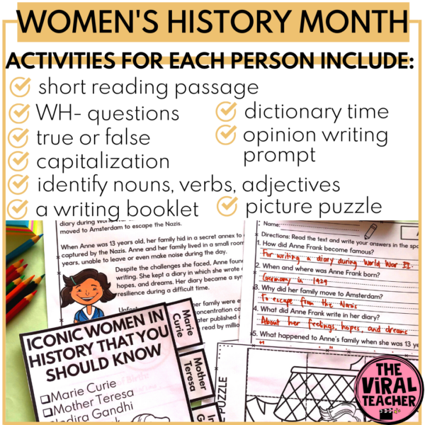 Women's History Month Reading Comprehension Passages and ELA Activities ...