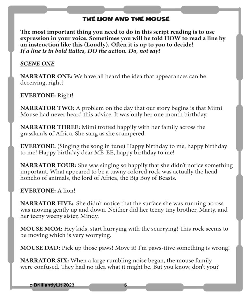 Aesop's Fable Readers Theater The Lion & the Mouse WHOLE CLASS SCRIPT ...