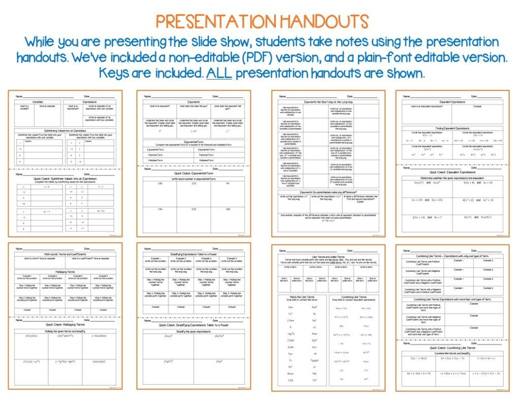 Variables, Terms, and Expressions - Algebra Guided Note-Taking ...