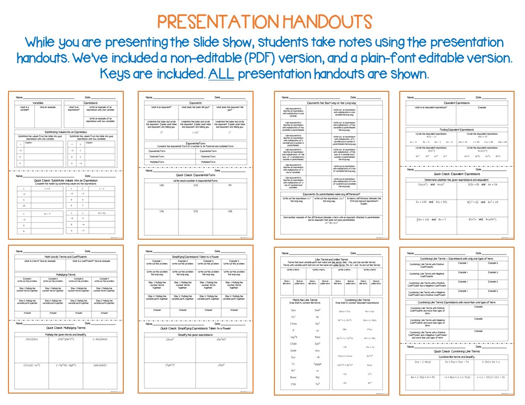 Variables, Terms, and Expressions - Algebra Guided Note-Taking ...