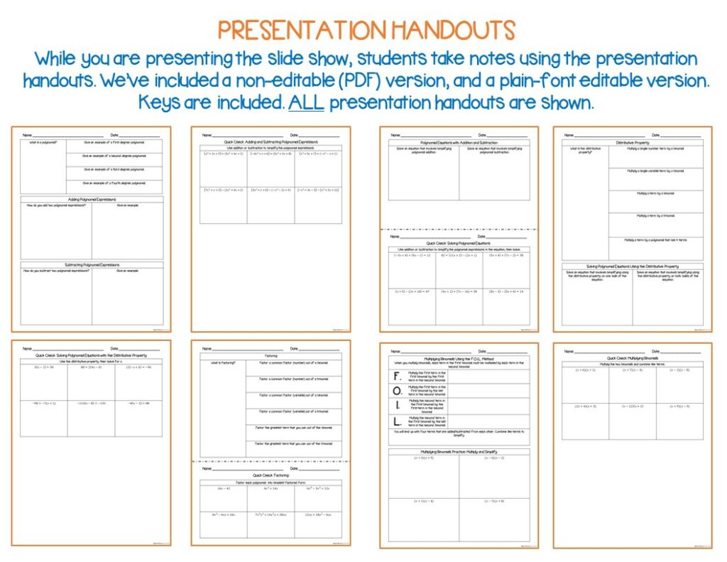 Introduction to Polynomials - Algebra Guided Note-Taking Activities ...
