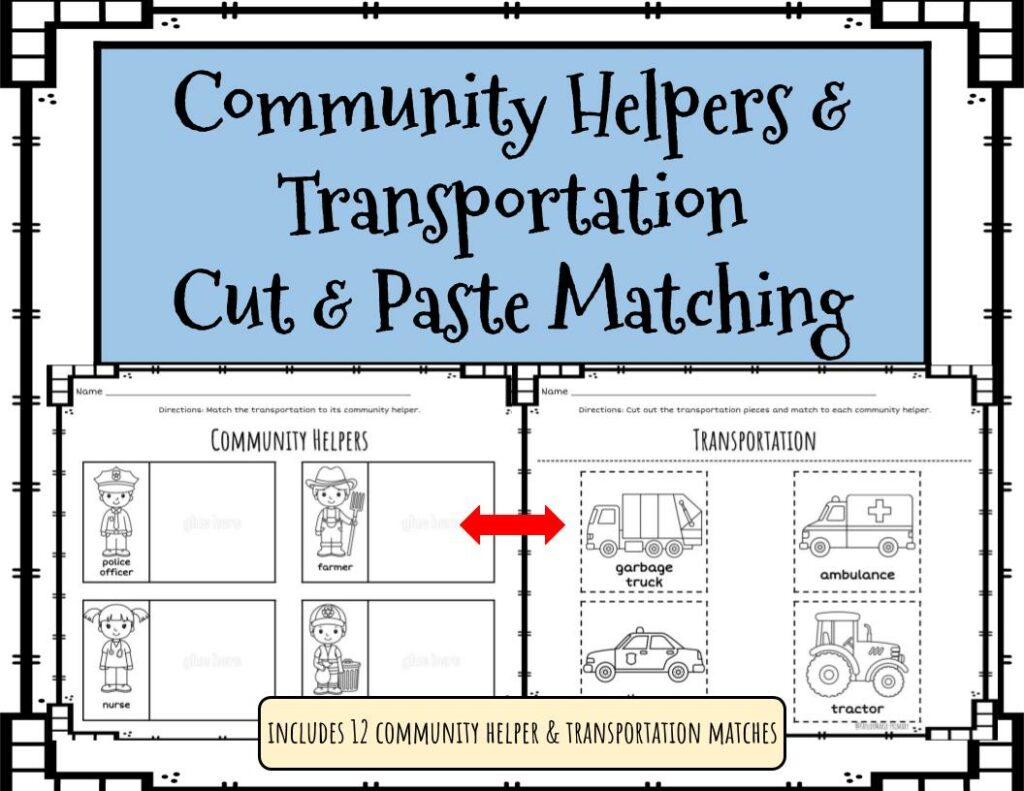 Community Helpers and Transportation Cut & Paste Matching | Made By ...