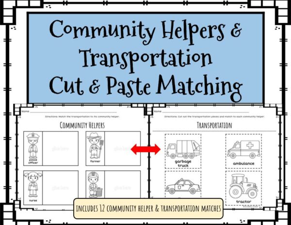 Community Helpers and Transportation Cut & Paste Matching | Made By ...