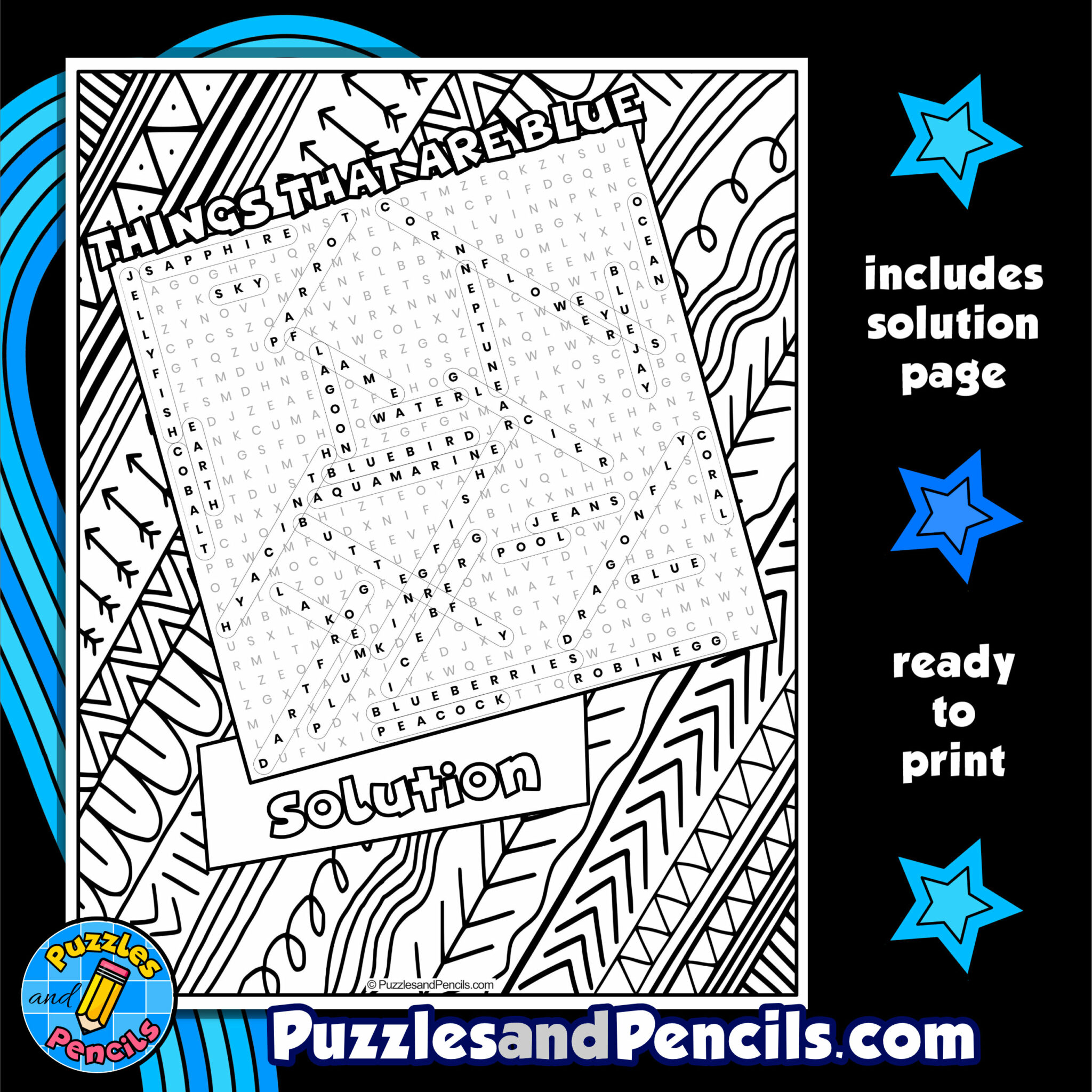 Things that are Blue Word Search Puzzle with Coloring | Wordsearch ...