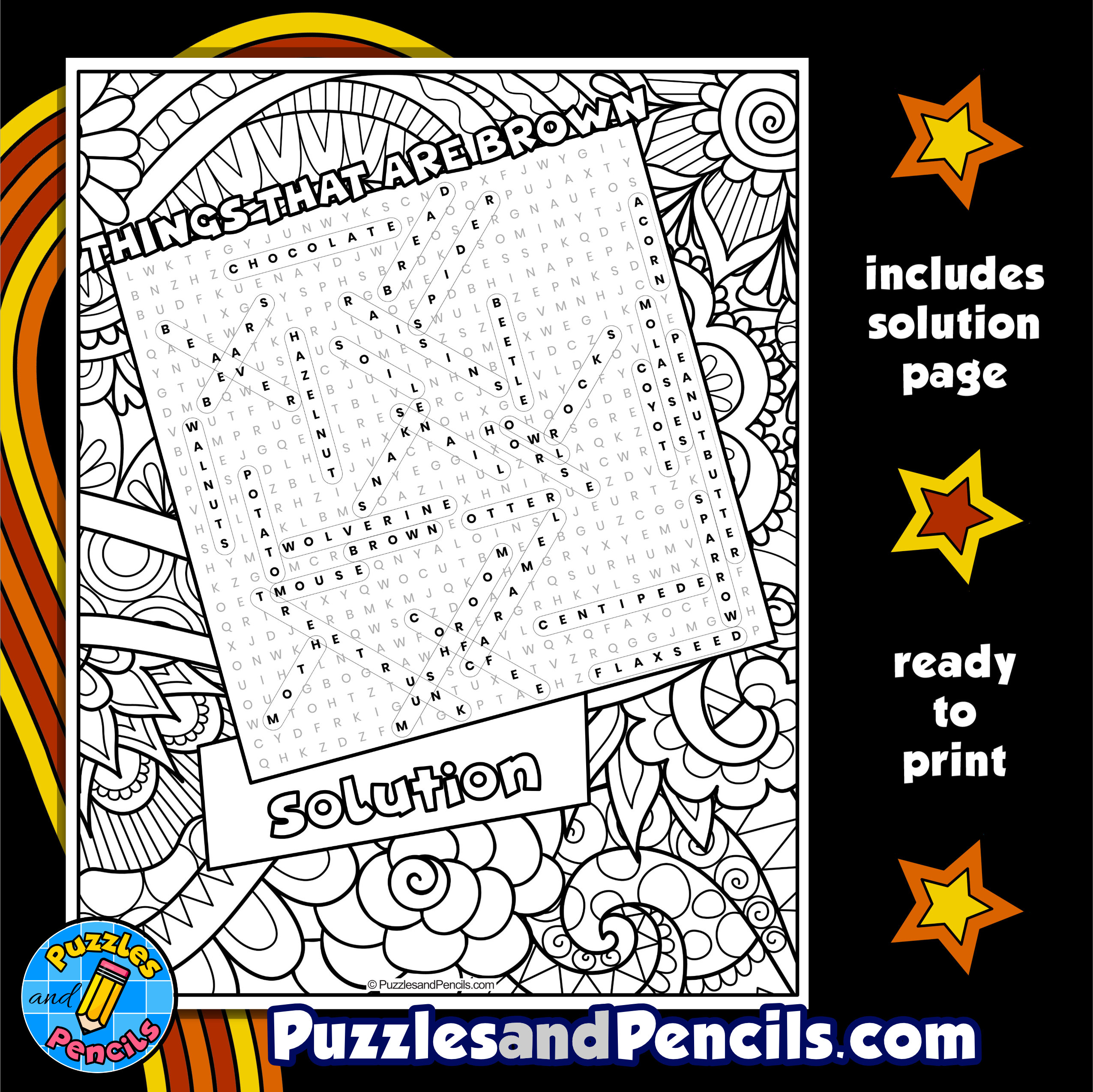 Things that are Brown Word Search Puzzle with Coloring | Wordsearch ...