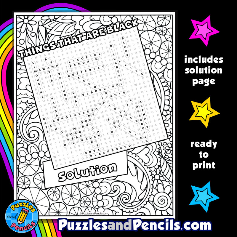 Things that are Black Word Search Puzzle with Coloring | Wordsearch ...