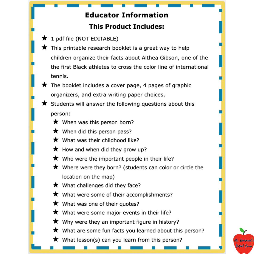 Althea Gibson All-About Research Project Graphic Organizer | Biography ...