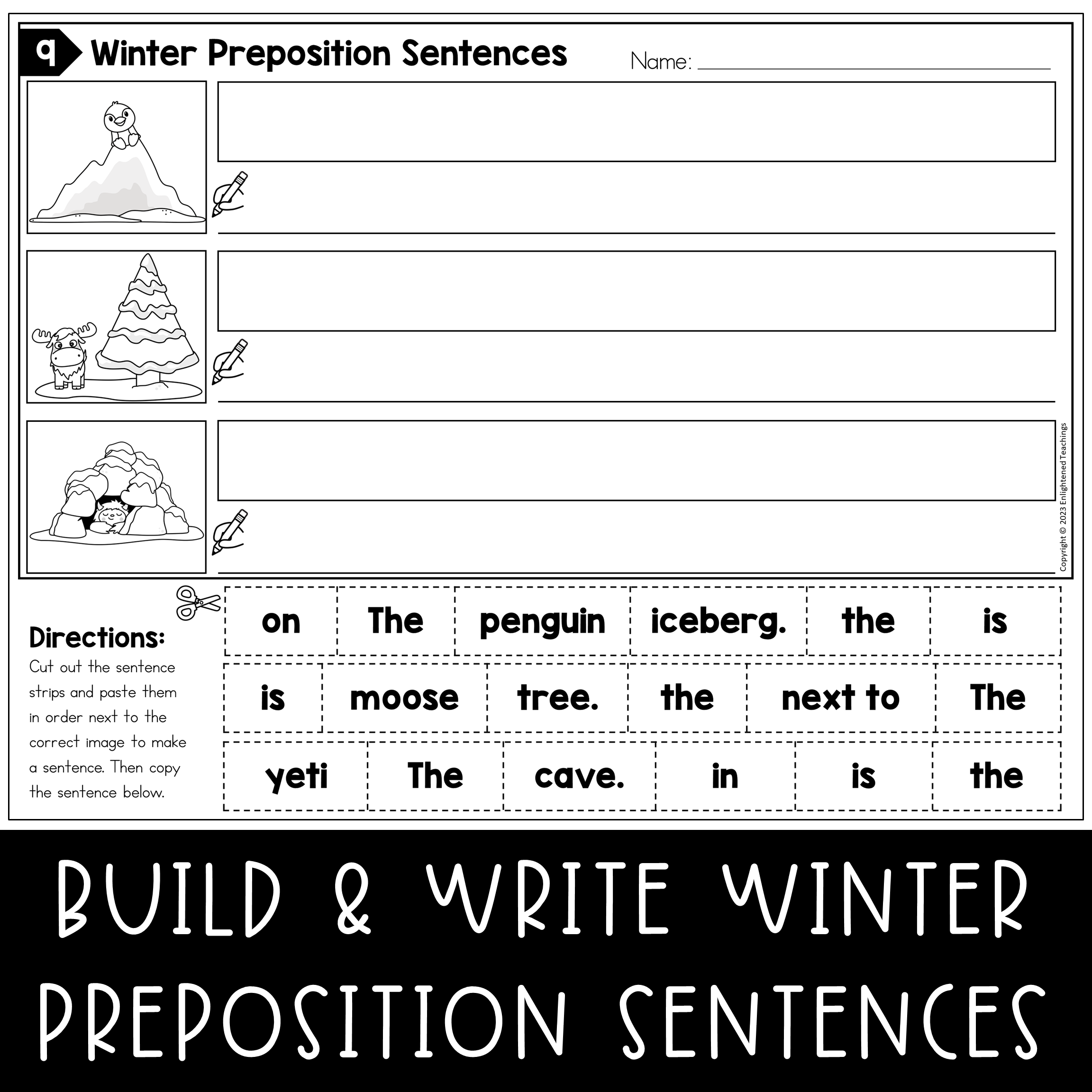 FREE Winter Prepositions Sentence Building Worksheet Winter Preposition ...