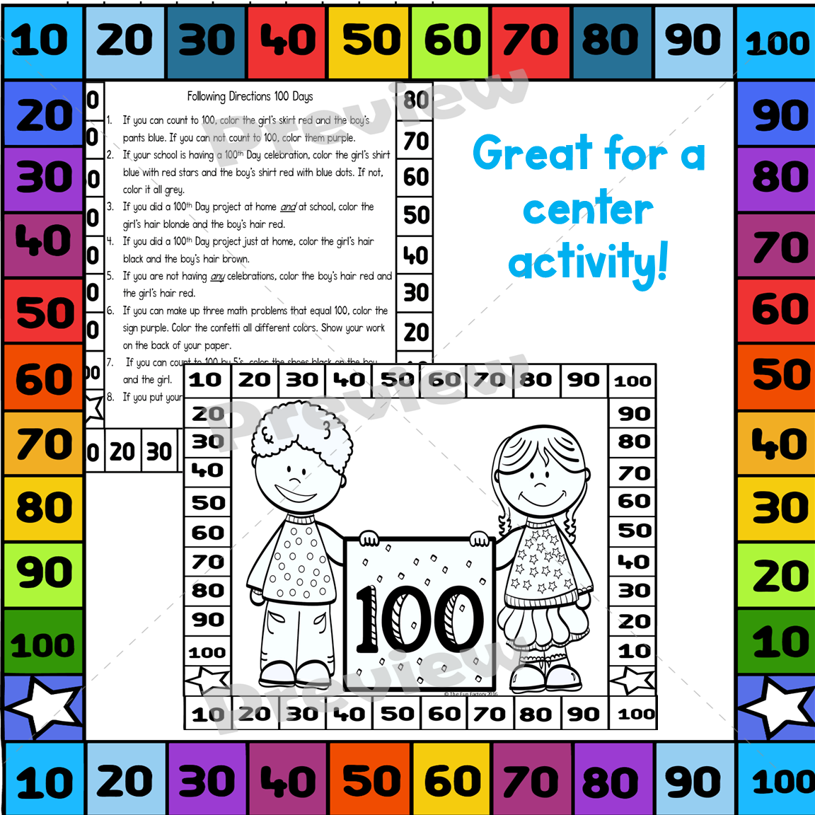 100th Day of School Activities | Read and Color Following Directions ...