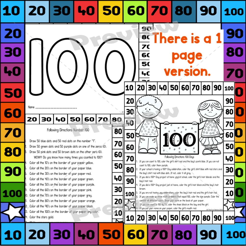 100th Day of School Activities | Read and Color Following Directions ...
