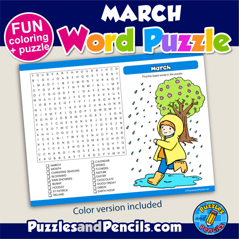 March Word Search Puzzle Activity Page | March Wordsearch | Made By ...