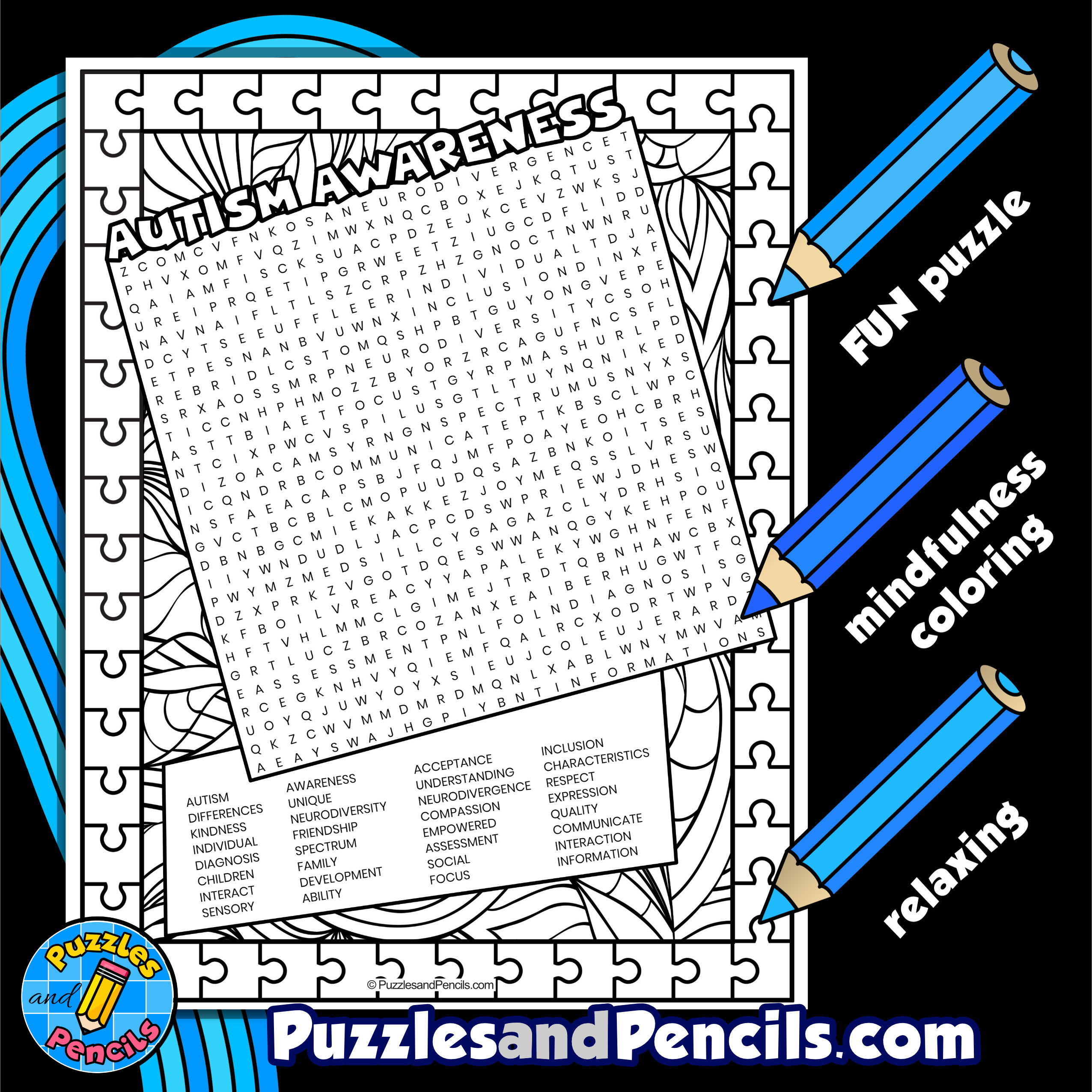 Autism Awareness Word Search Puzzle with Coloring | Wordsearch | Made ...