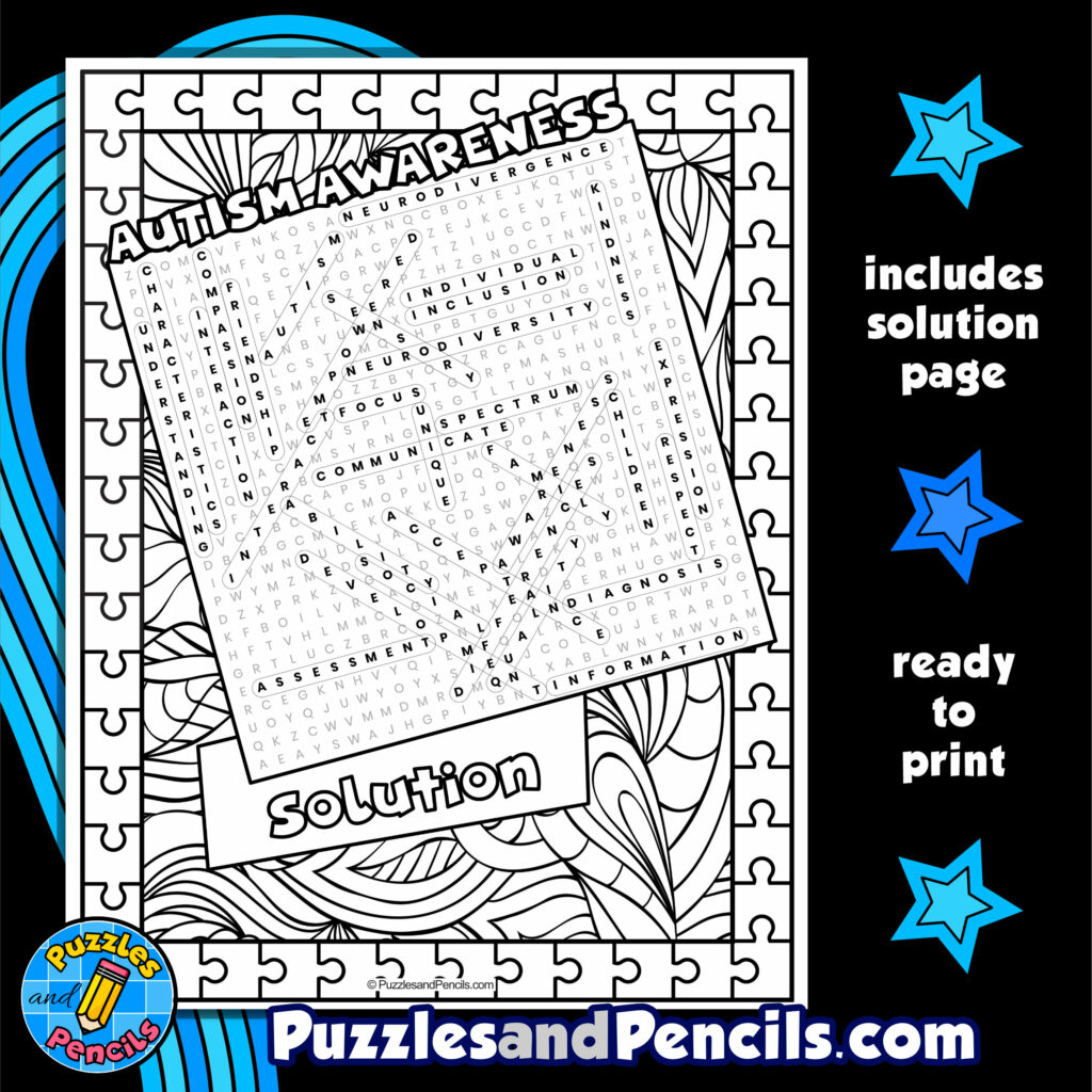 Autism Awareness Word Search Puzzle with Coloring | Wordsearch | Made ...