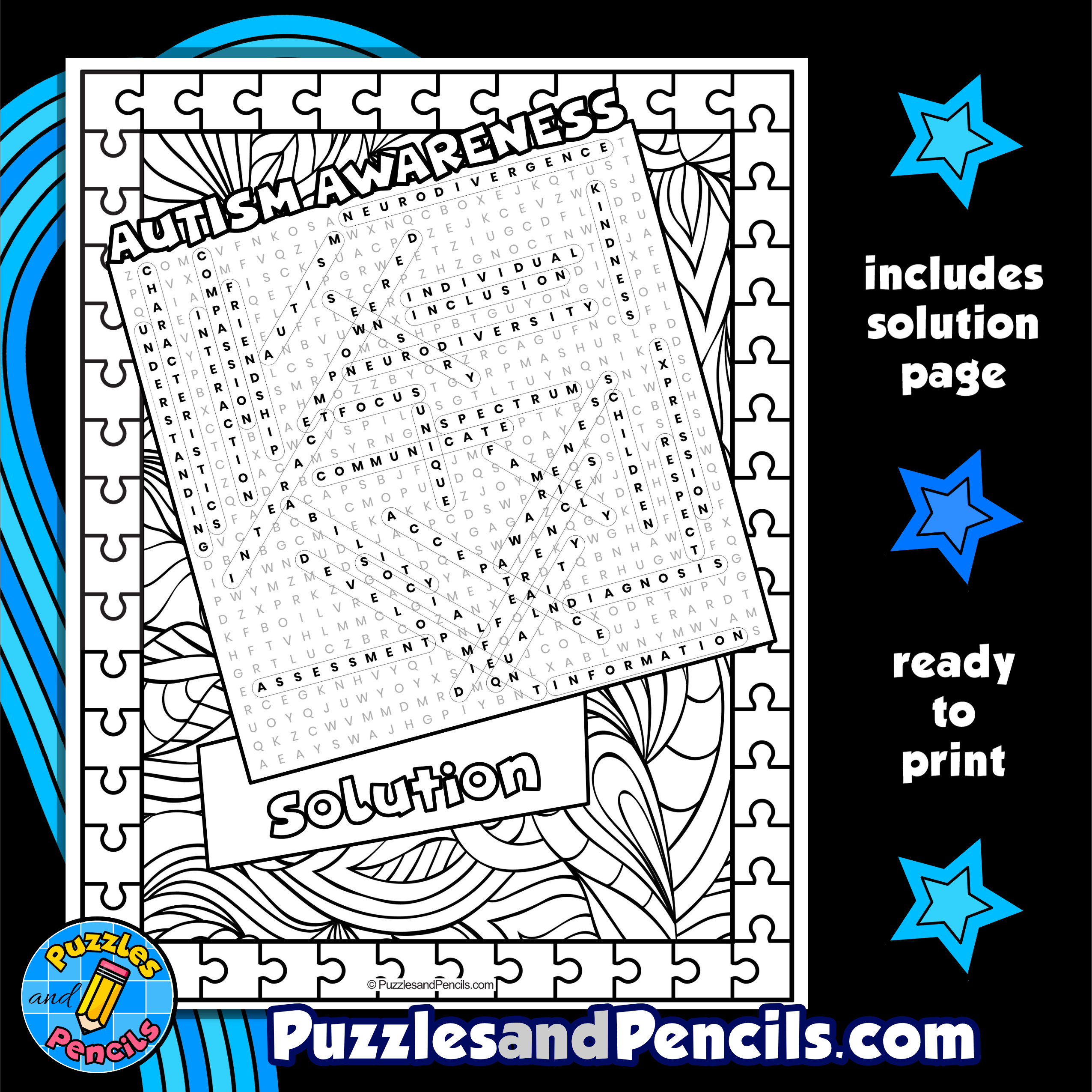 Autism Awareness Word Search Puzzle with Coloring | Wordsearch | Made ...