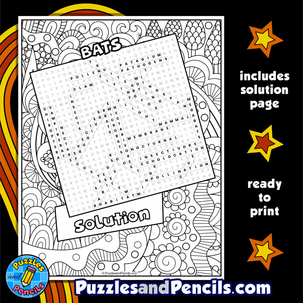 Bats Word Search Puzzle with Coloring | Wildlife Wordsearch | Made By ...