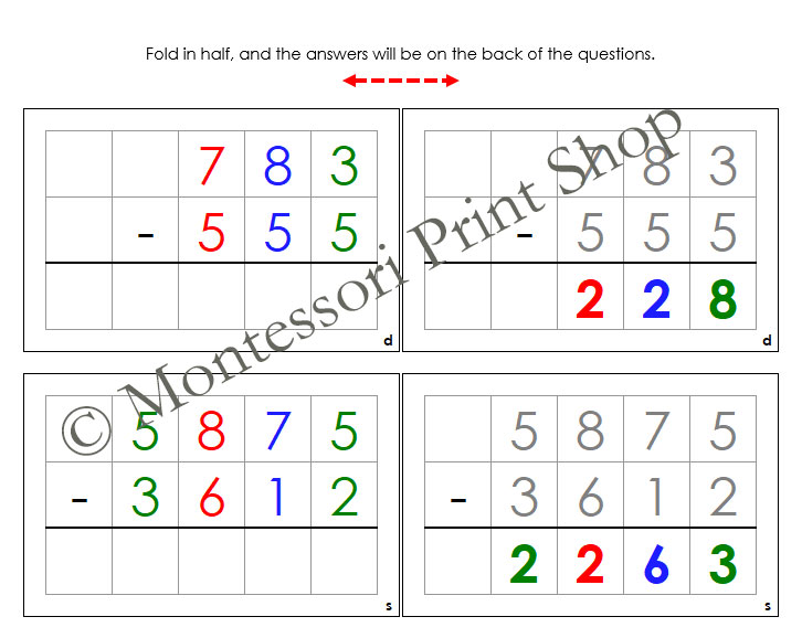 Subtraction Command Cards - Montessori Math Task Cards (Color-Coded ...