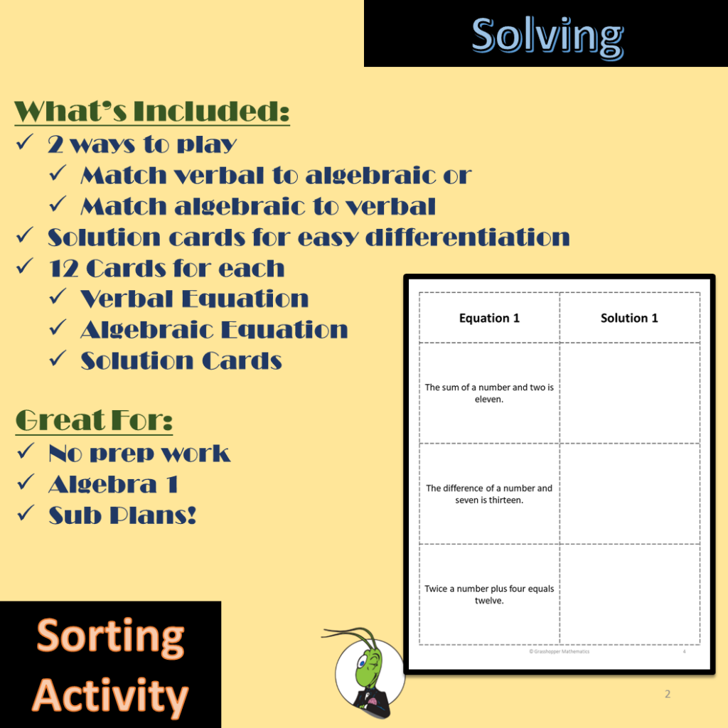 Solving Equations Sorting Activity | Verbal Equations and Algebraic ...