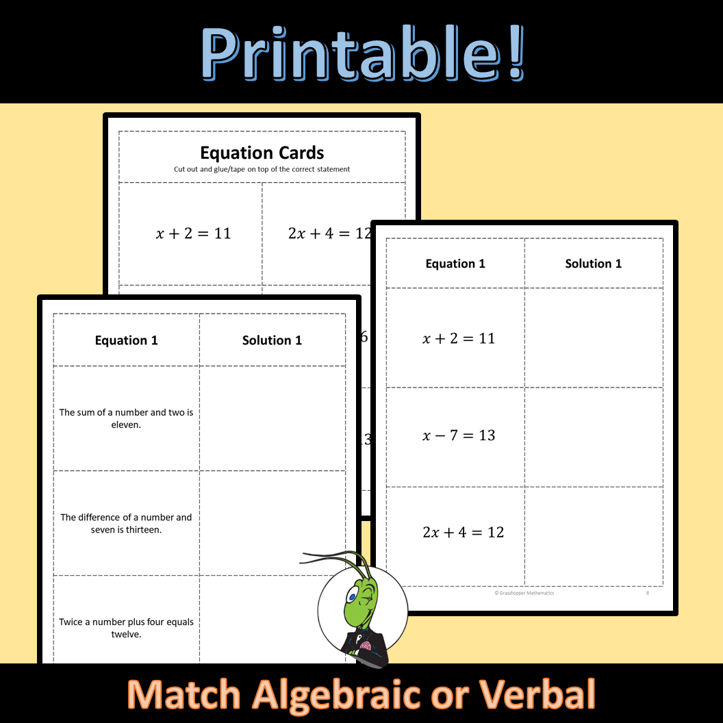 Solving Equations Sorting Activity | Verbal Equations and Algebraic ...