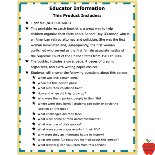 Sandra Day O'Connor All-About Research Project Graphic Organizer ...