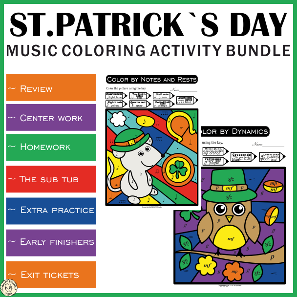 St. Patrick`s Day Music Coloring Activities Bundle | Made By Teachers