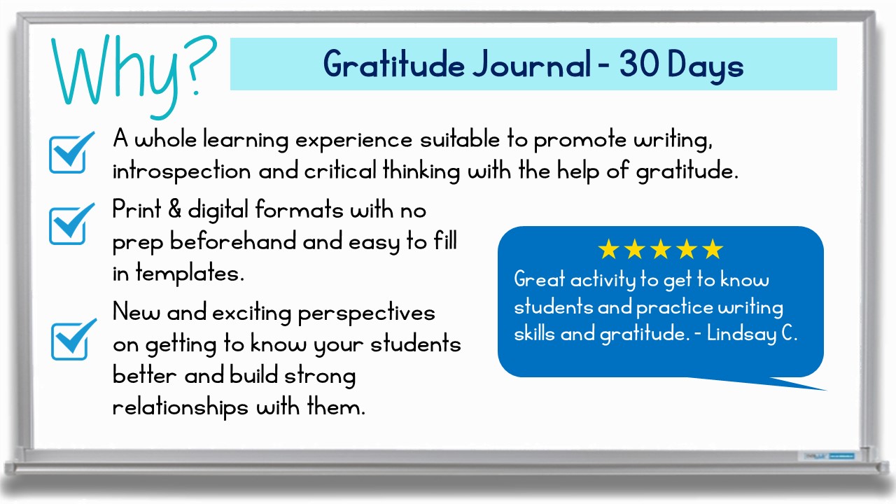 Gratitude Journal - 30 Days of SEL Writing Prompts Bell Ringers and ...