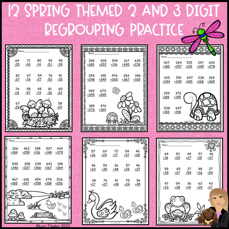 2 and 3 Digit Addition and Subtraction with Regrouping Spring Themed ...