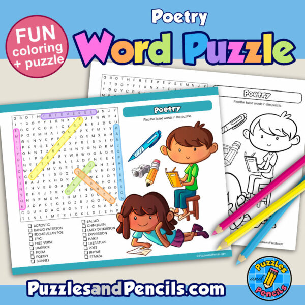 Poetry Word Search Puzzle Activity Page and Coloring | Poems Wordsearch ...