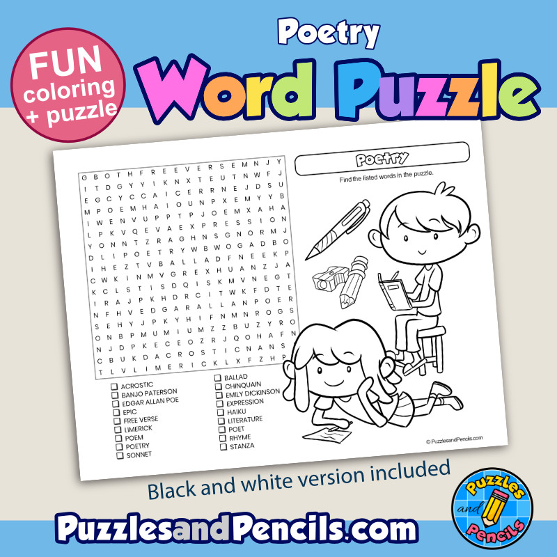 Poetry Word Search Puzzle Activity Page and Coloring | Poems Wordsearch ...
