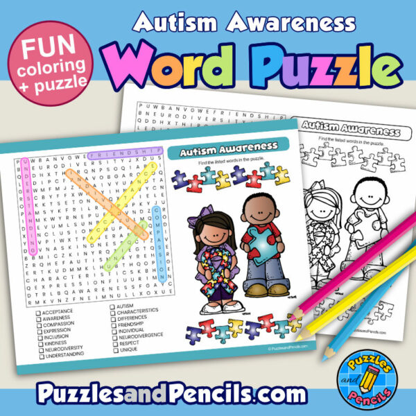 Autism Awareness Word Search Puzzle Activity Page and Coloring ...