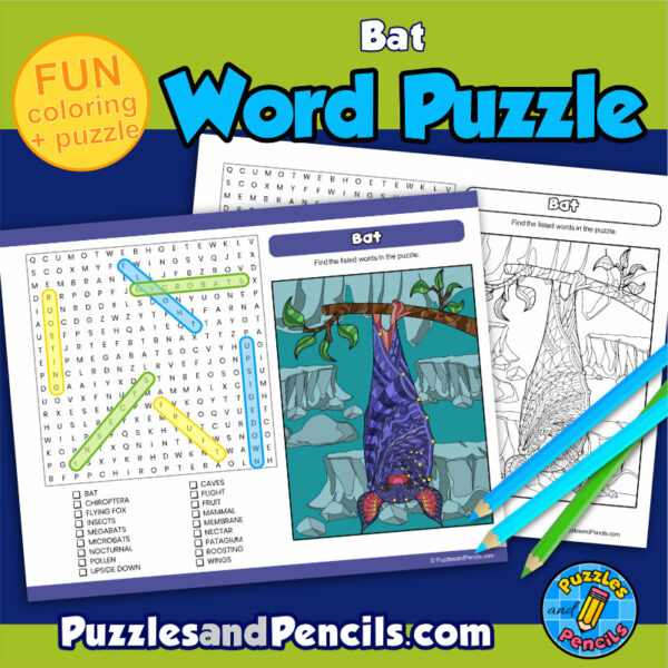 Bat Word Search Puzzle Activity Page and Coloring | Wildlife Wordsearch ...
